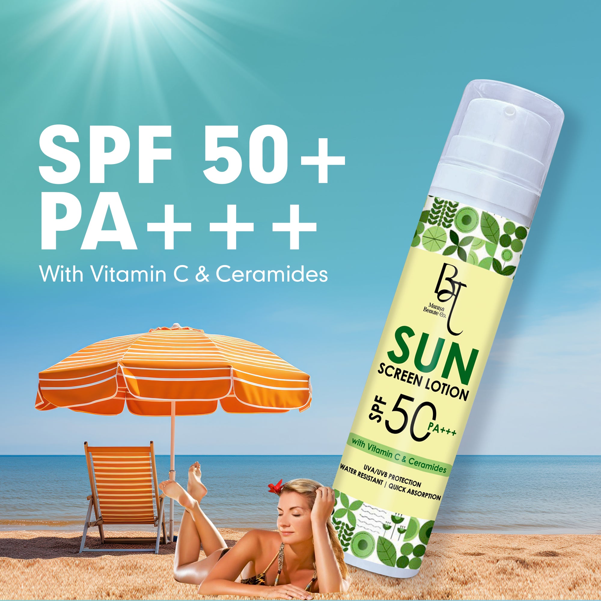 Sunscreen Lotion SPF 50 PA+++ with Vitamin C, Hyaluronic Acid & Cerami ...